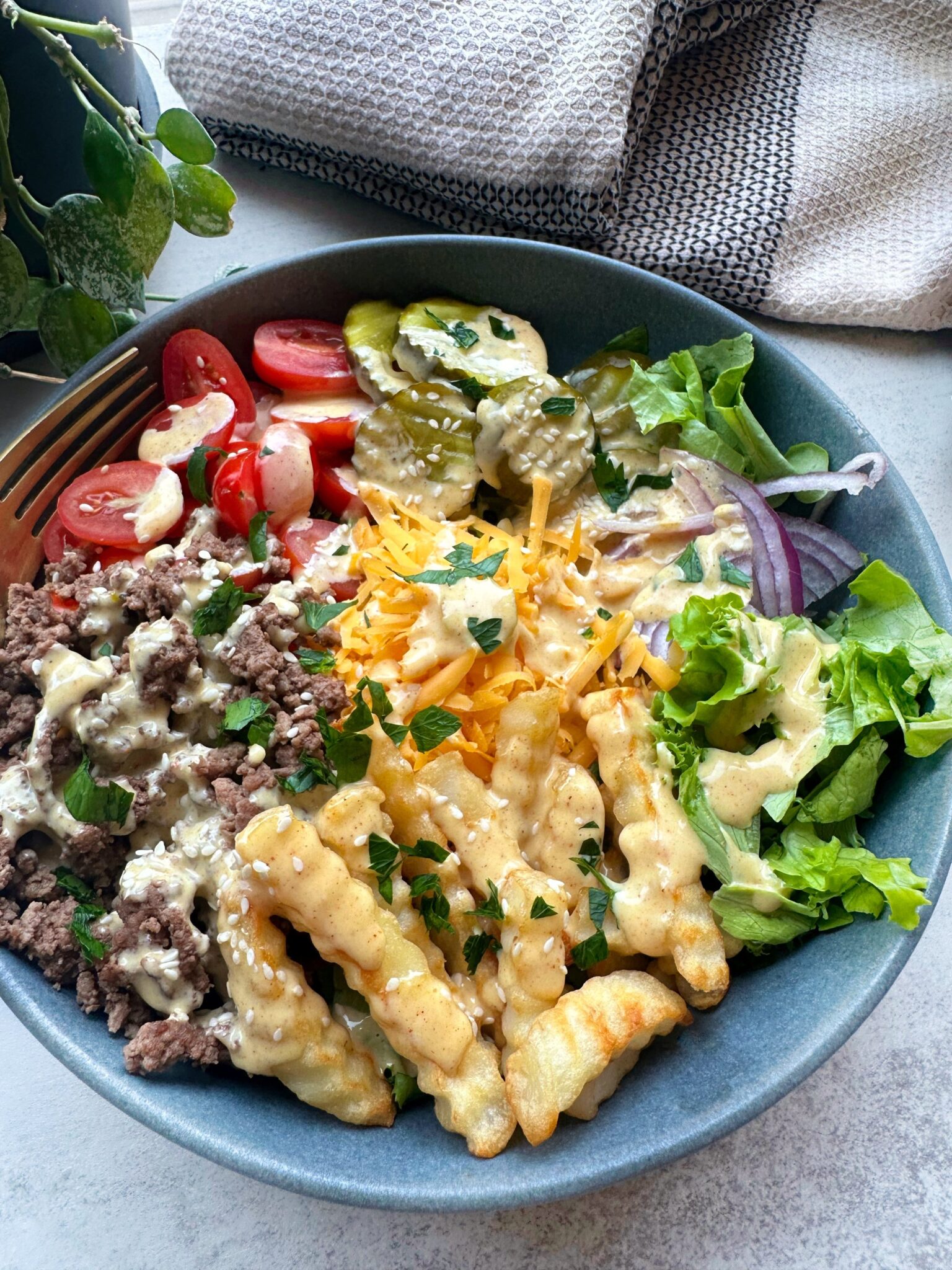 Burger Bowls with Crispy Onions and Special Sauce - Sammi Brondo
